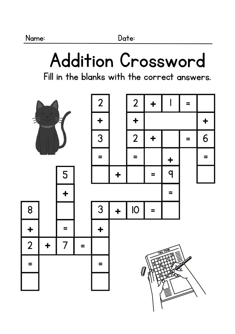 Printable Addition Crossword Puzzle | Math Worksheet Game for Kids ...