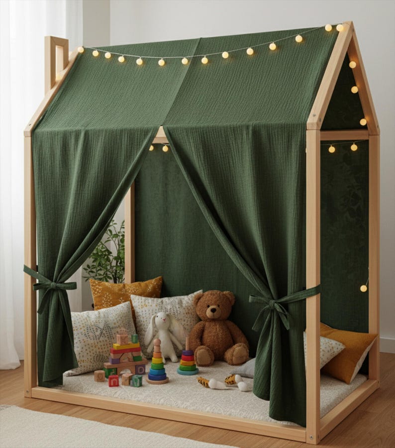 Kids Bed Canopy Curtains Hunter Green Cotton Muslin Boho Bedroom Decor ...