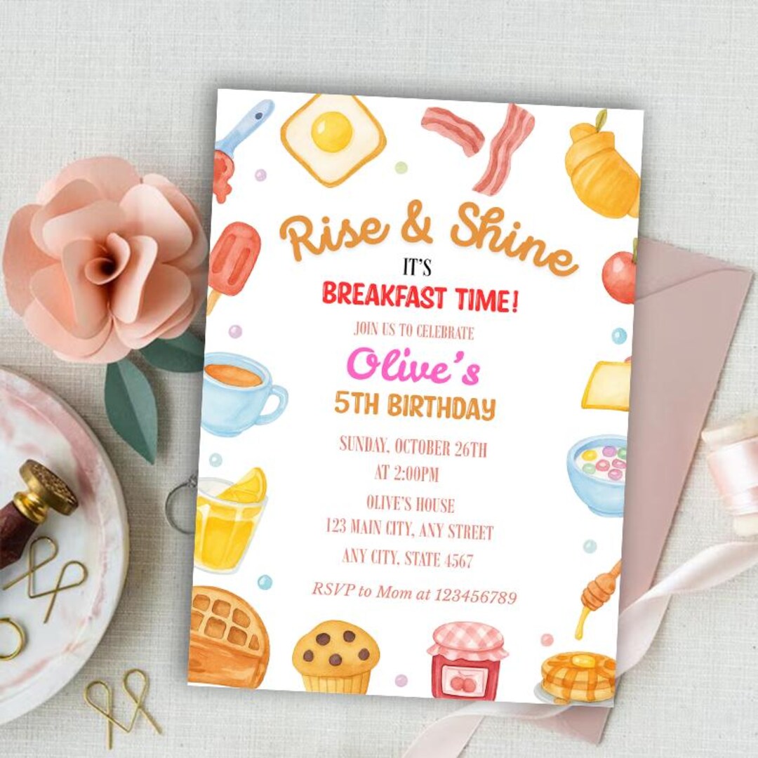 EDITABLE Breakfast Birthday Invitation, Rise and Shine Birthday ...