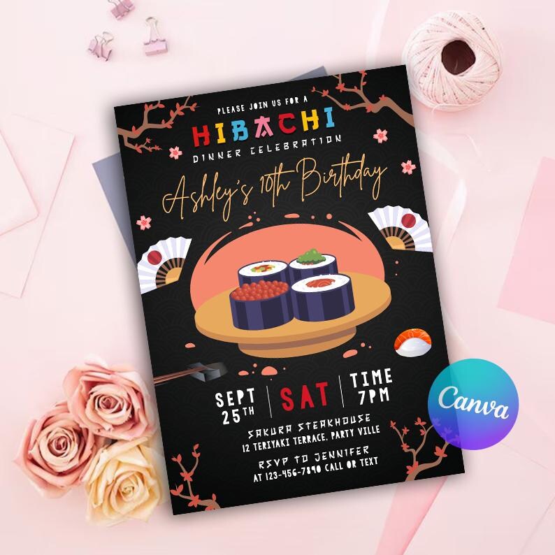 Editable Hibachi Dinner Birthday Invitation, Hibachi Party Invite ...