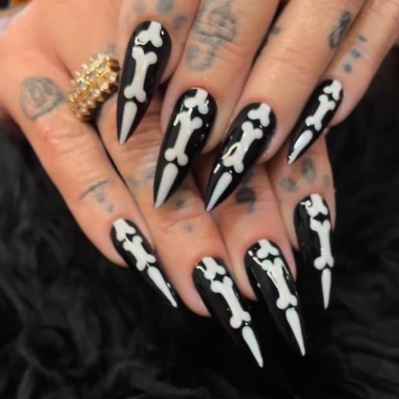 Skeleton Bone Stiletto Press on Nails: Gothic Halloween Nail Art - Etsy