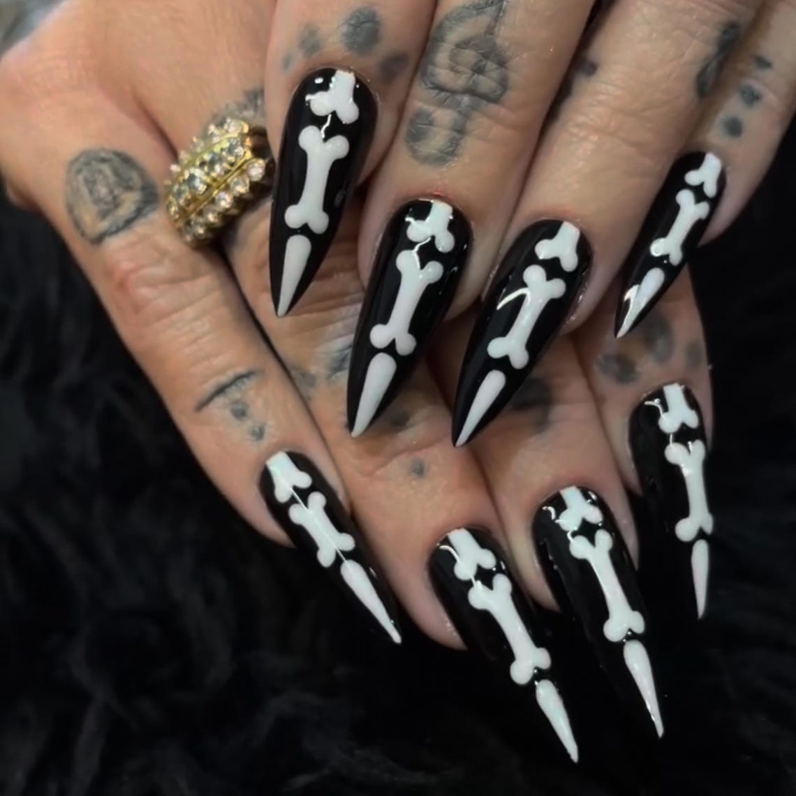 Skeleton Bone Stiletto Press on Nails: Gothic Halloween Nail Art - Etsy