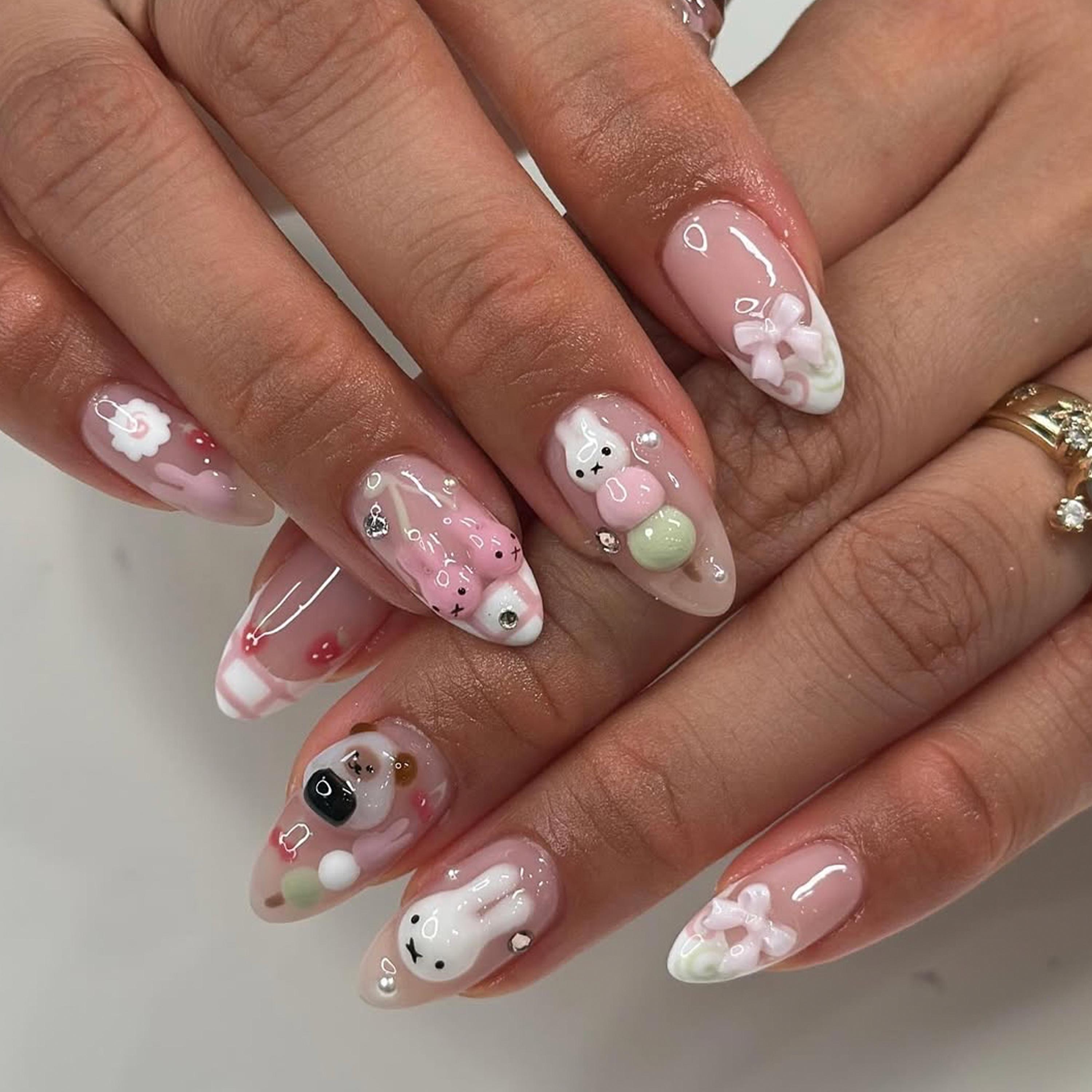 Kawaii Miffy Press on Nails: 3D Bunny & Dango, Pink Nail Set - Etsy