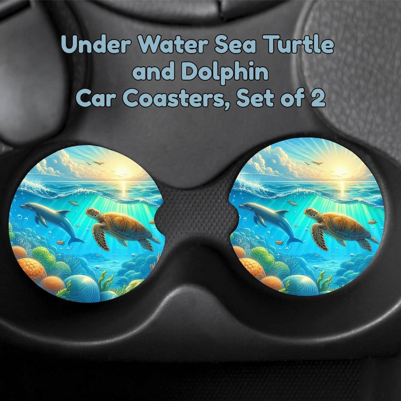 Underwater Sea Turtle and Dolphin View Car Coasters, Set of 2, Car ...