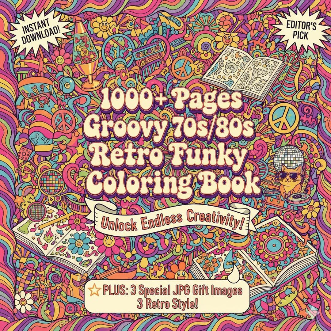 Groovy 70s 80s Coloring Book: 1000+ Retro Funky Pages (digital Download ...