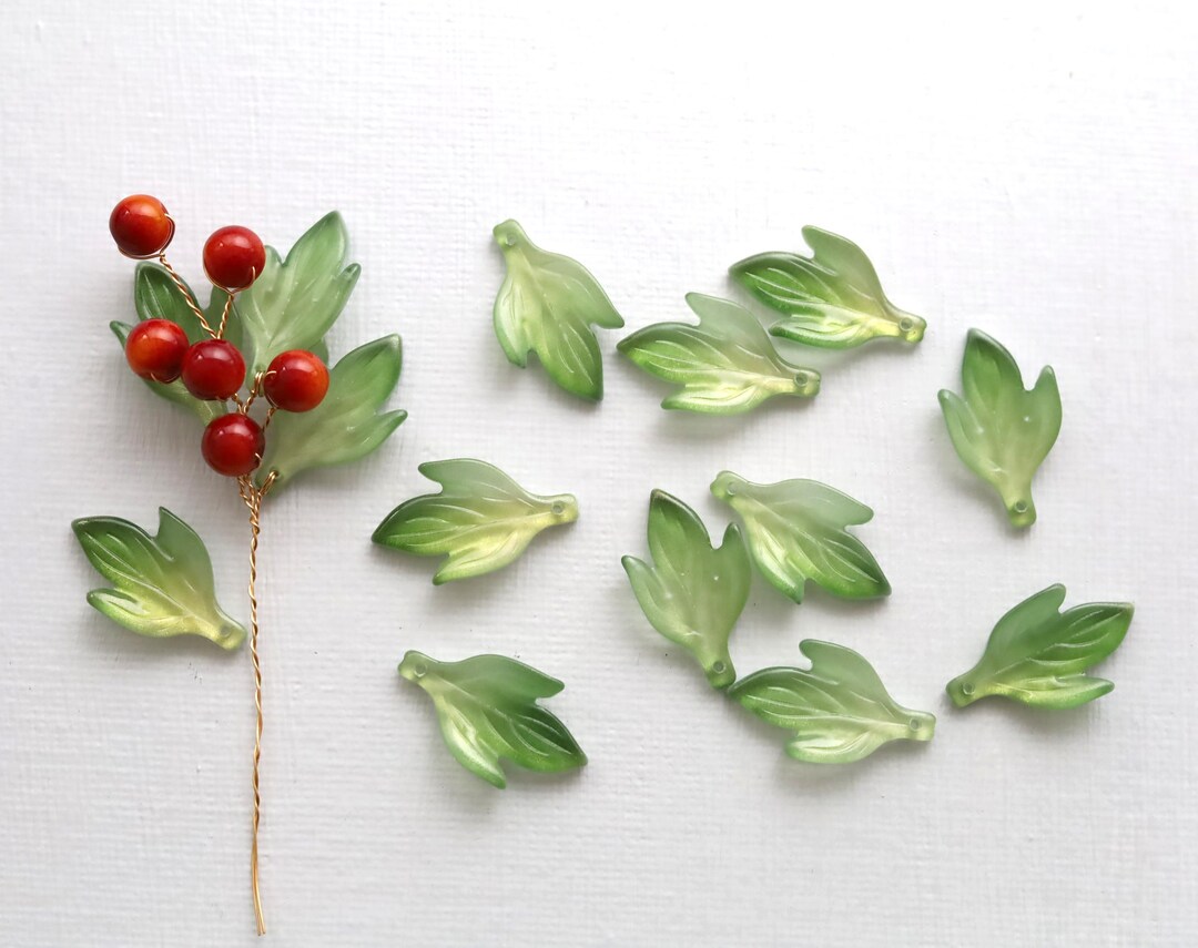 10pcs Large Green Leaf. Big Glass 3 Pronged Leaf Charm. Glass Peony ...