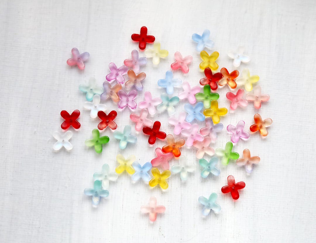 50pcs Tiny Flower Beads. Mixed Colors 4 Petals Glass Flower Beads. Mini ...
