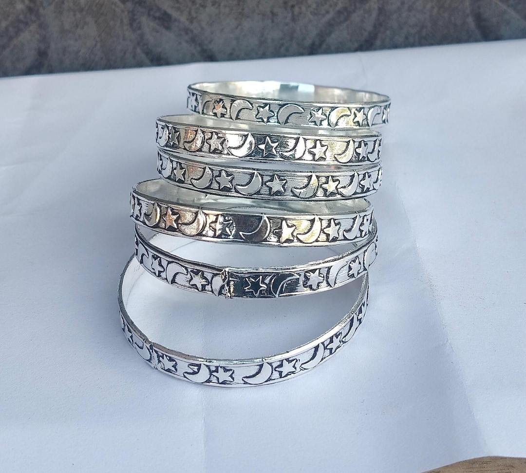 Handmade Sterling Silver Star Moon Bangles – Boho Stacking Bracelet Set ...