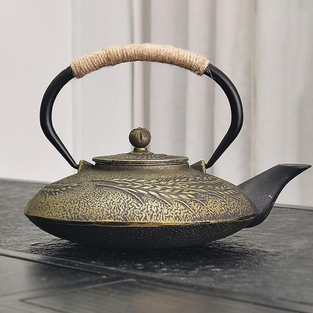 Gold-embossed Iron Kettle With Wheat Ears | Cast Iron Teapot | Outdoor ...