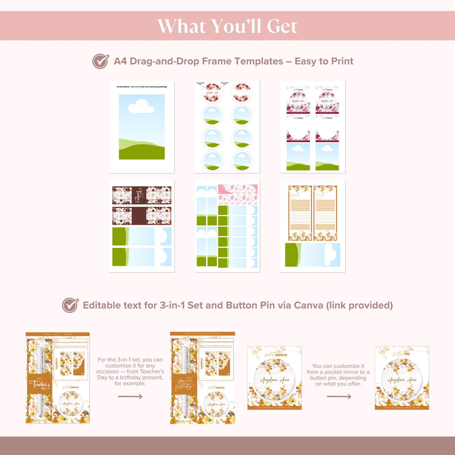 Floral Gift Set Templates: Button Pin / Pocket Mirror, Pen Sleeve ...