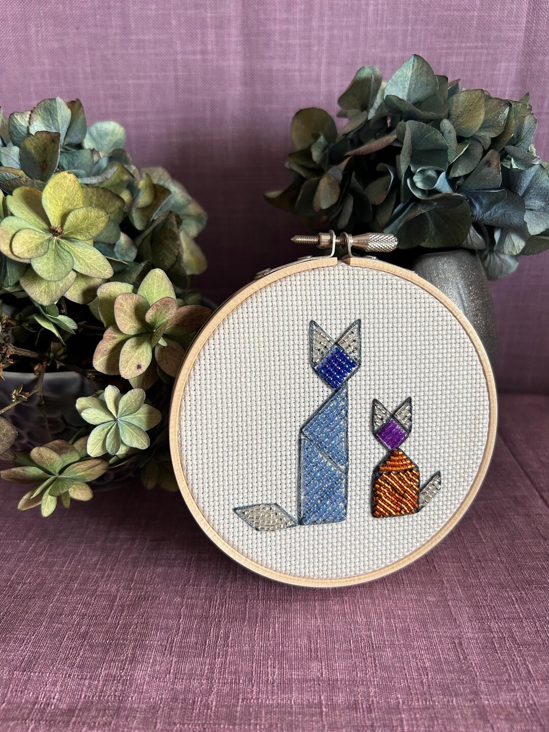 Embroidery Art - 11cm - Tangram Cats (with Miyuki Beads) - One-of-a ...