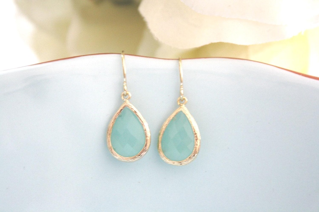 Gold Aqua Teardrop Earrings, Mint Glass, Bridesmaid Jewelry - Etsy