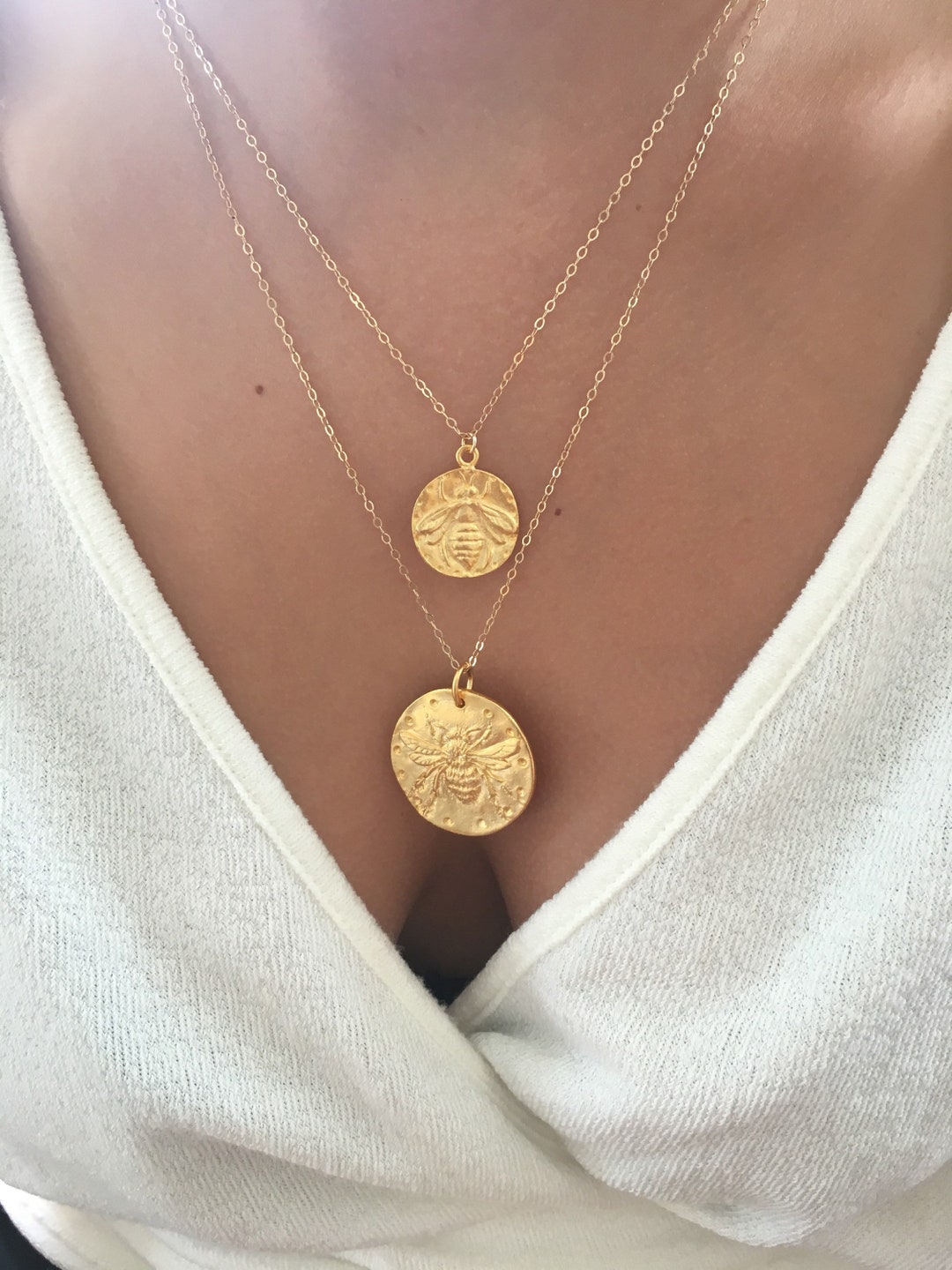 Gold Bee Coin Pendant Necklace, Layering Jewelry - Etsy