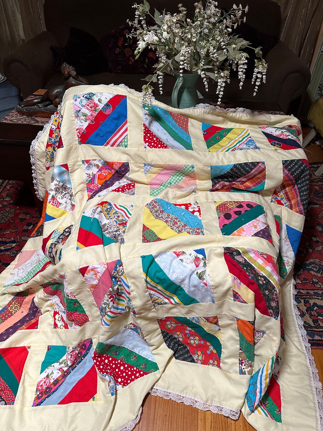 Vintage Patchwork Quilt Throw Blanket Yellow and Multi Colored Hand ...