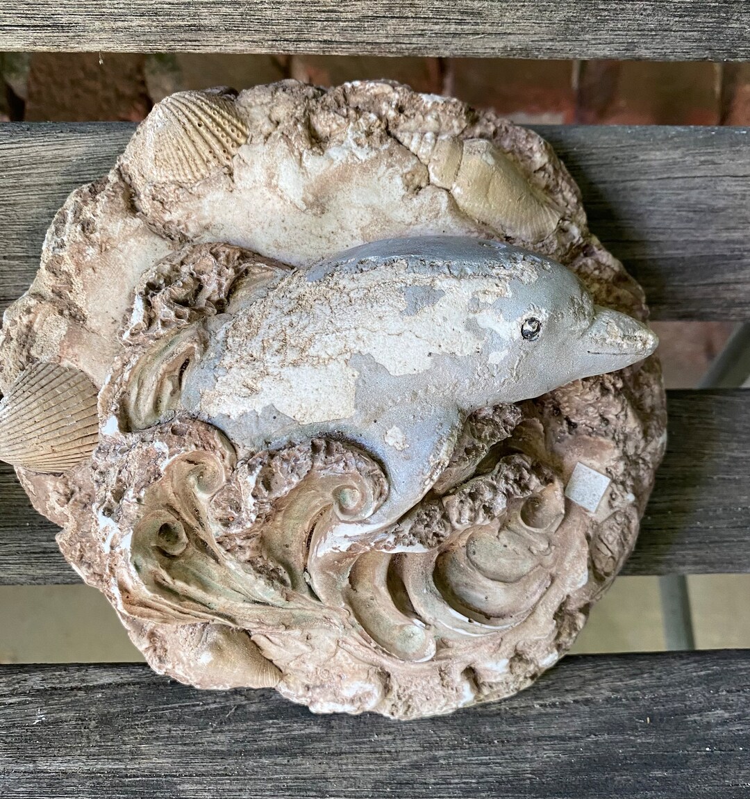 Vintage Plaster Dolphin Sculpture Wall Hanging Beach Decor Seashells ...