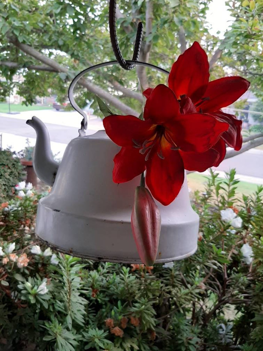 Large Vtg White Enamel Coffee Pot Kettle Planter Shabby Chic Chippy ...