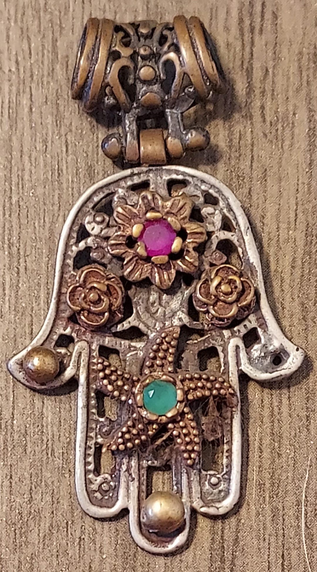 Vintage Brass Evil Eye Healing Hand Pendant With Red and Green Stone ...