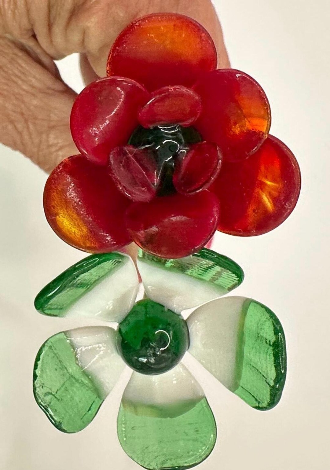 2 Vintage Glass Red and Green Flower Swizzle Sticks Barware Murano ...