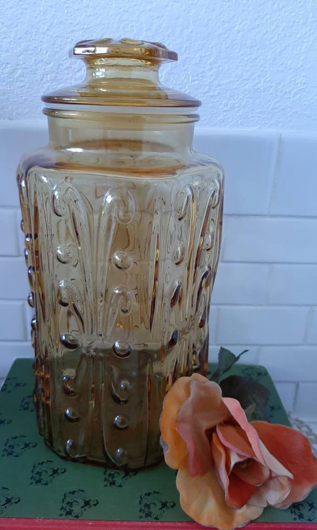 Tall Vintage Federal Glass Gold Yellow Canister With Plastic Seal ...