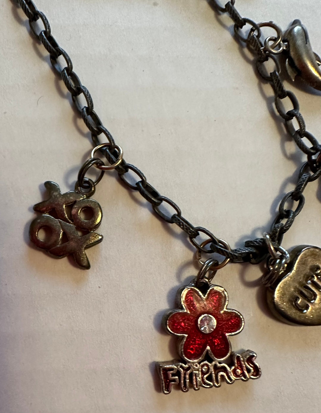 Vintage Girls Silvertone Charm Bracelet With Heart Porpoise Tic-tac-toe ...
