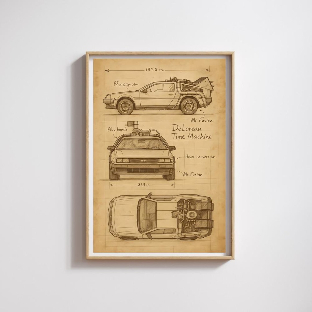 Delorean Time Machine Blueprint Poster in Vintage Sepia, Technical ...