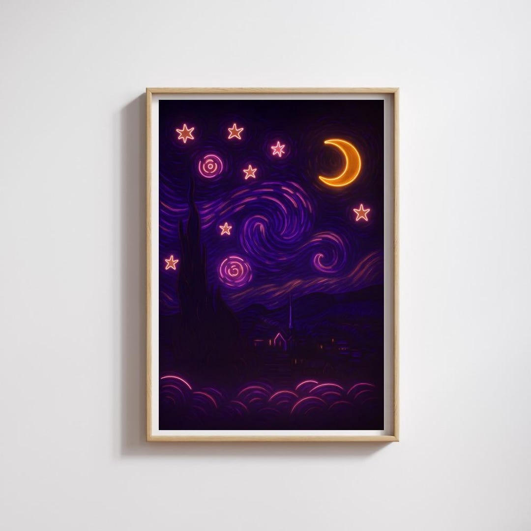 Neon Starry Night Inspired Landscape Printable Poster, Glowing Crescent ...