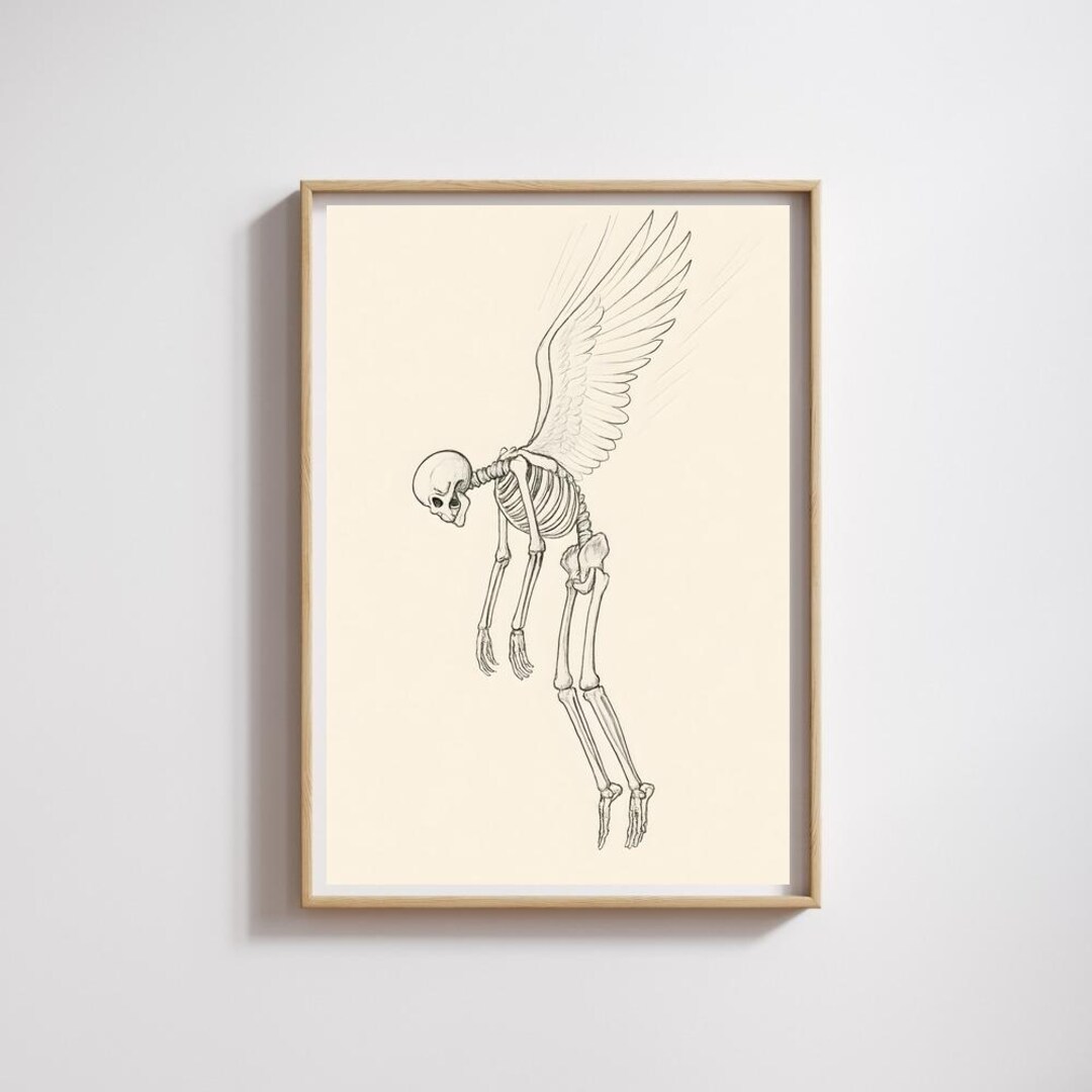 Winged Skeleton Surreal Anatomy Ink Drawing Printable Wall Art Poster ...