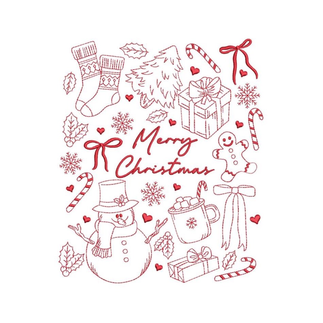 Merry Christmas Redwork Line Art Snowman & Gifts Machine Embroidery ...