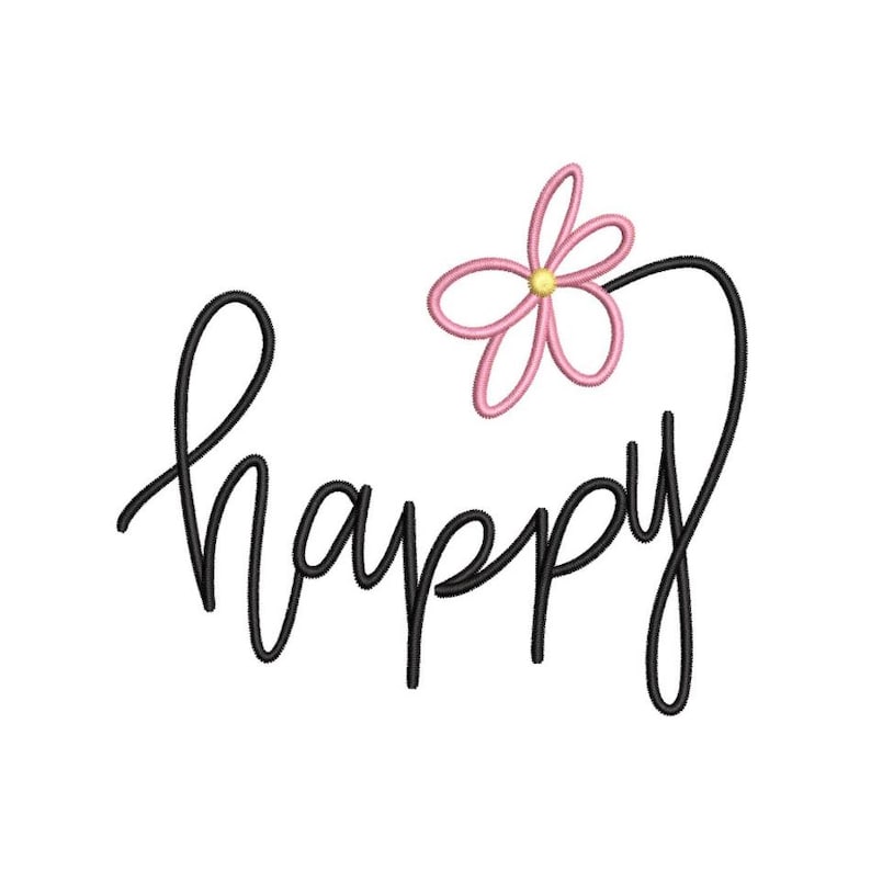 Happy Cursive Script With Pink Flower Machine Embroidery Design for ...