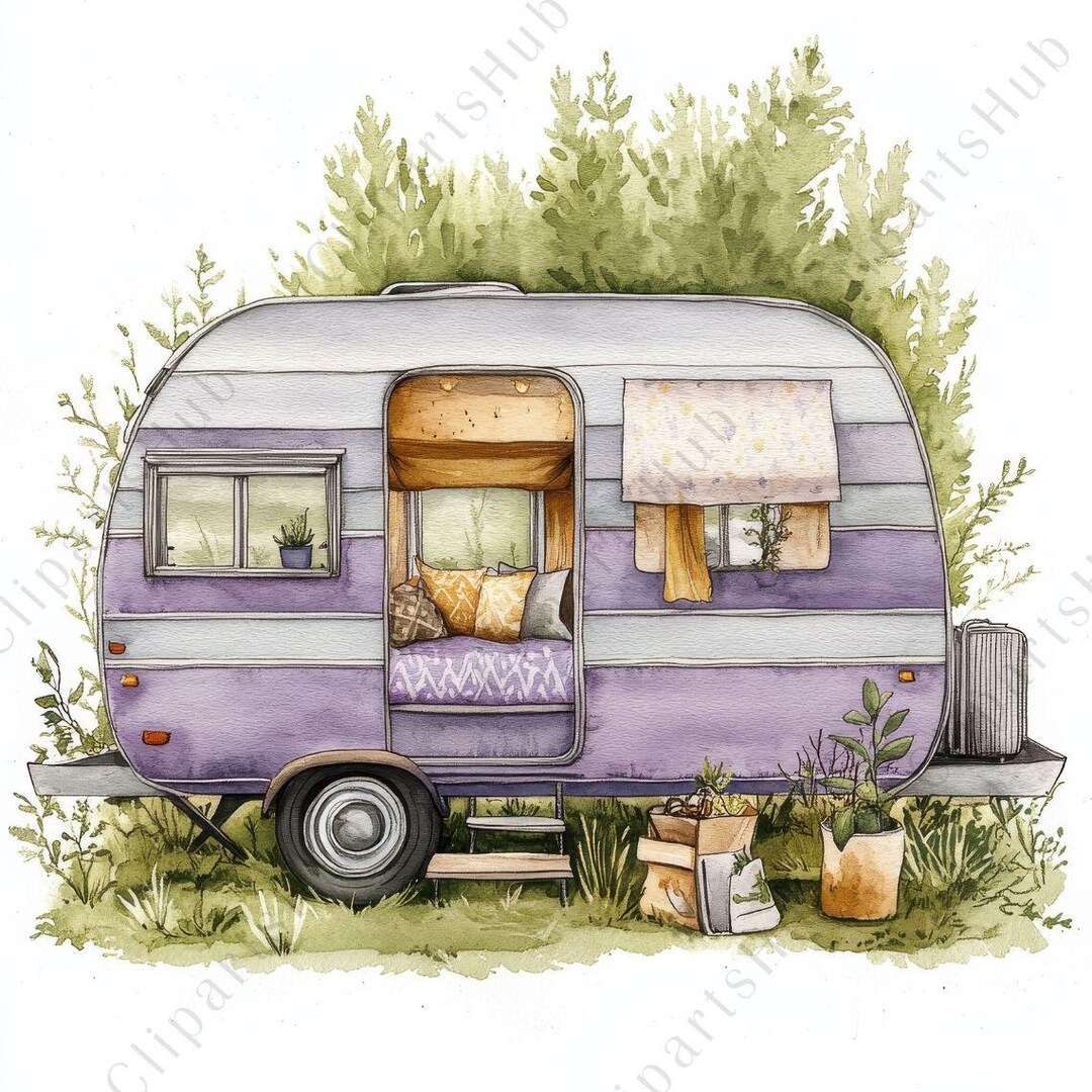 12 Watercolor Camper Clipart, Vintage RV Trailer Art, Retro Caravan ...