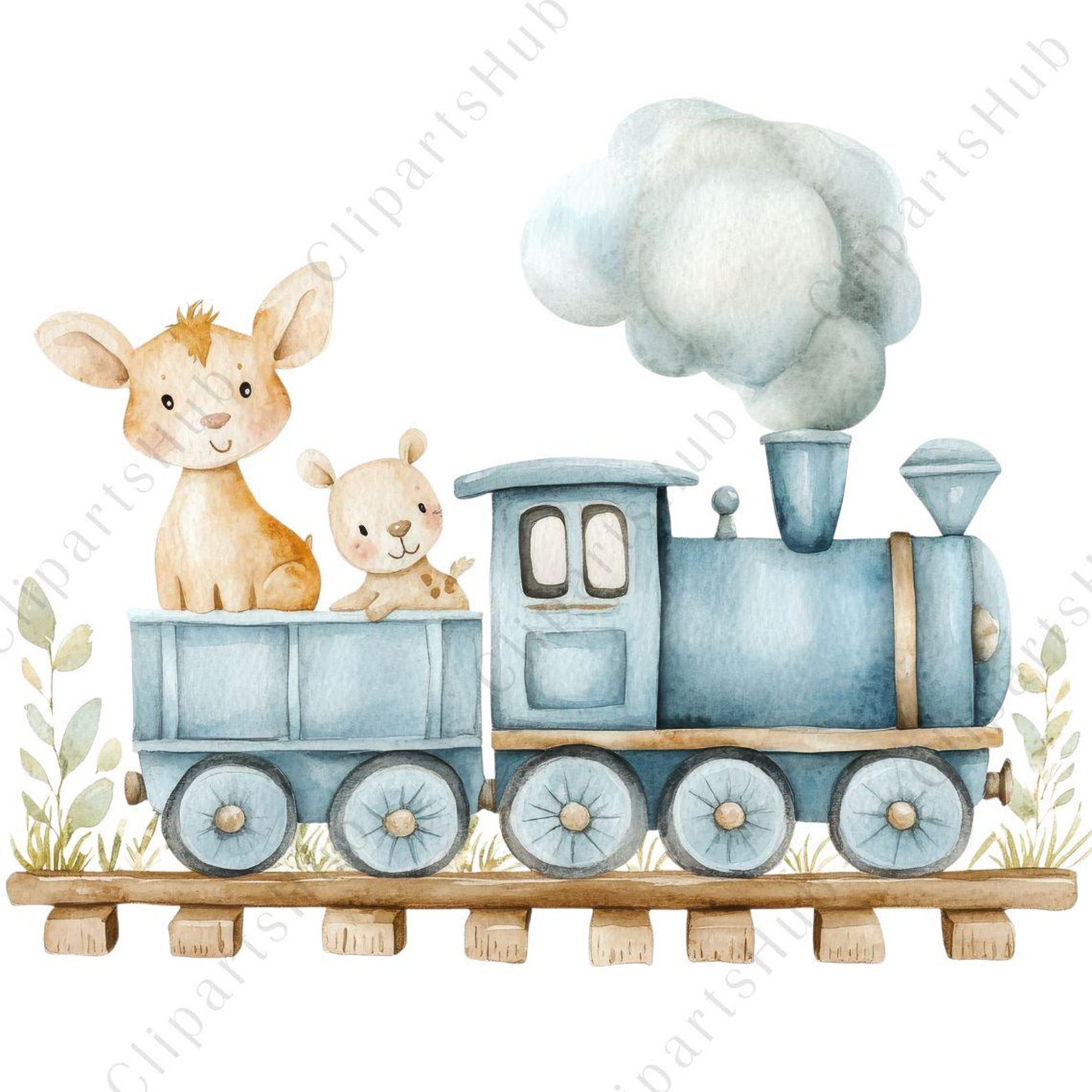 15 Watercolor Baby Animal Train Clipart, Blue Locomotive PNG, Nursery ...