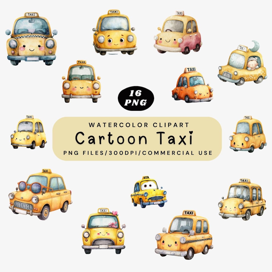 Cartoon Taxi Clipart, Cute Taxi PNG Bundle, Kawaii Transport ...