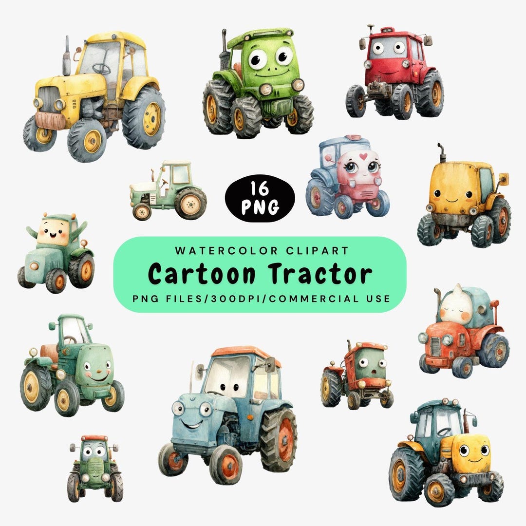 Cartoon Tractor Clipart Bundle: Farm Vehicle PNG Illustrations (digital ...