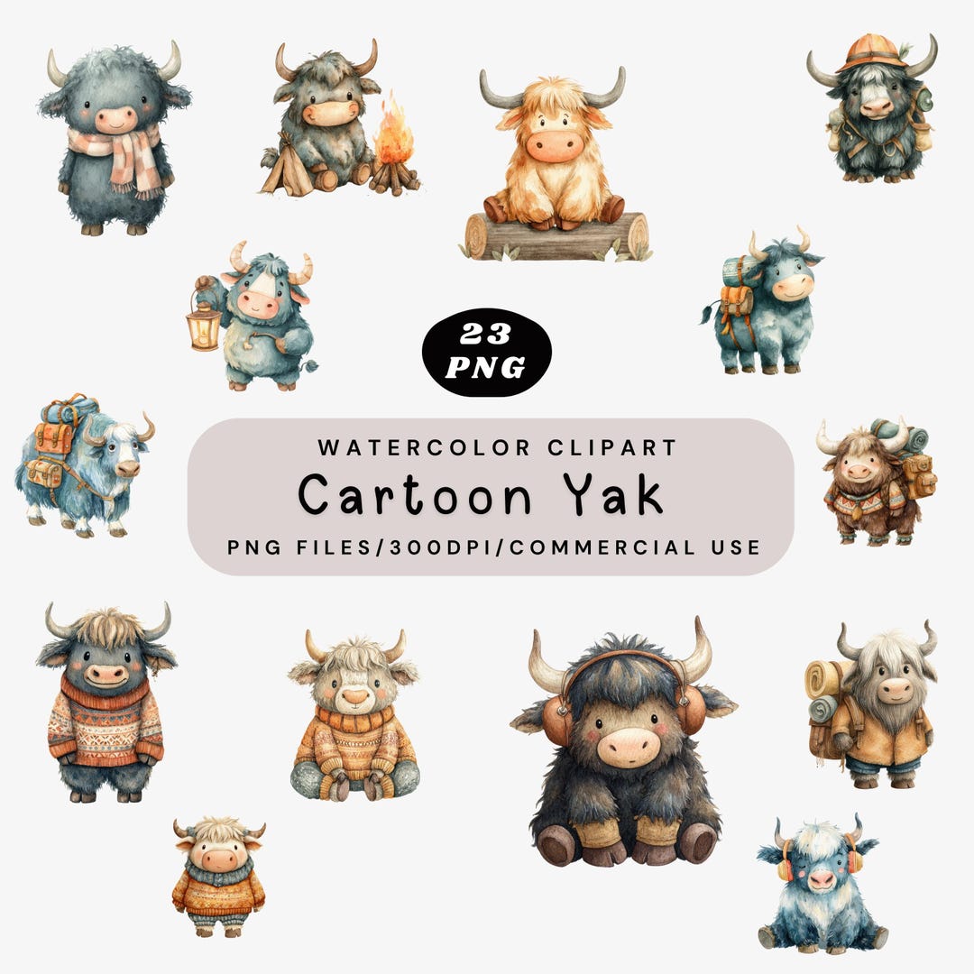 Cartoon Yak Clipart, Cute Yak PNG Bundle, Funny Farm Animal PNG, Kawaii ...