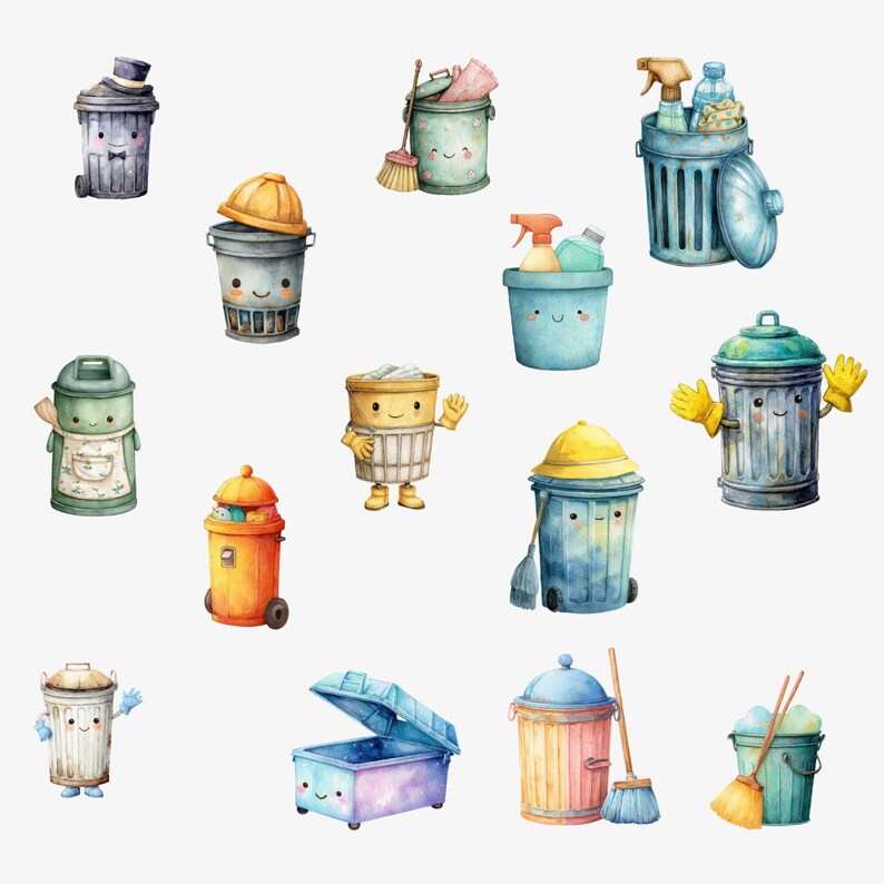 Cartoon Dustbin Clipart, Cute Trash Can PNG Bundle, Kawaii Garbage Bin ...