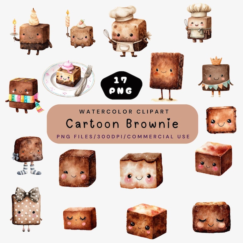 Cartoon Brownie Clipart, Cute Dessert PNG Bundle, Kawaii Brownie ...