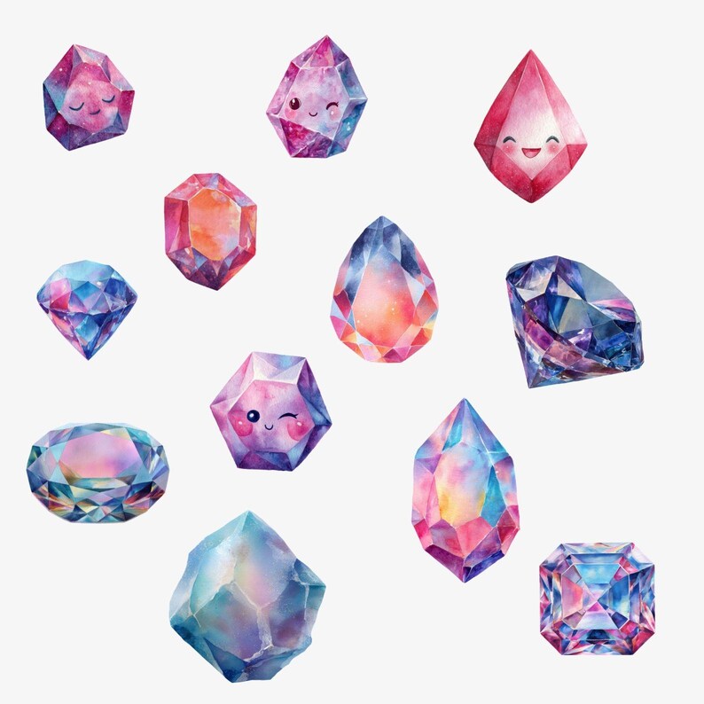 Gemstone Clipart, Cute Gem PNG Bundle, Cartoon Crystal Illustration ...