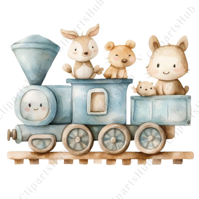 15 Watercolor Baby Animal Train Clipart, Blue Locomotive PNG, Nursery ...