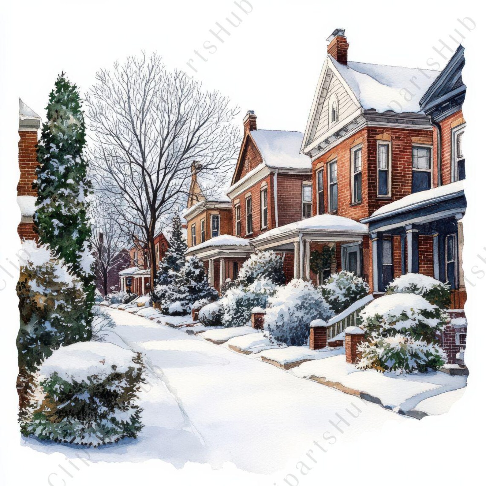 19 Watercolor Winter Village Clipart, Snowy Street Houses JPG, Winter ...