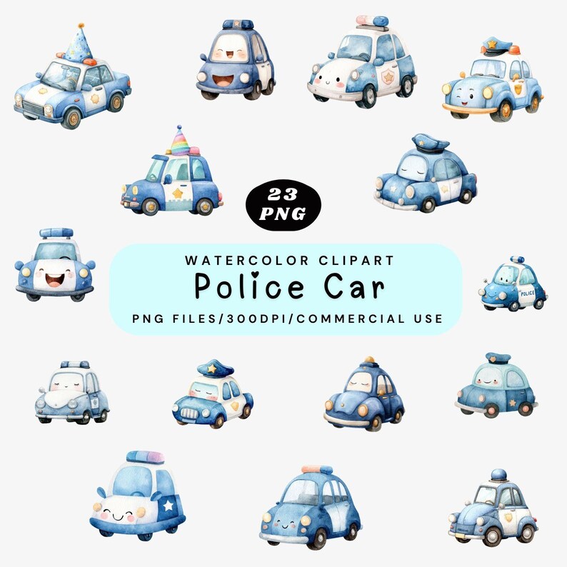 Cartoon Police Car Clipart Bundle: Kawaii Vehicle PNG (digital Download ...