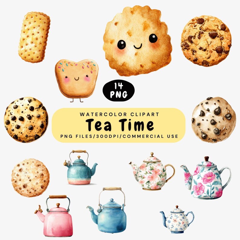 Tea Time Clipart, Cute Teacup PNG Bundle, Watercolor Tea Party Clip Art ...