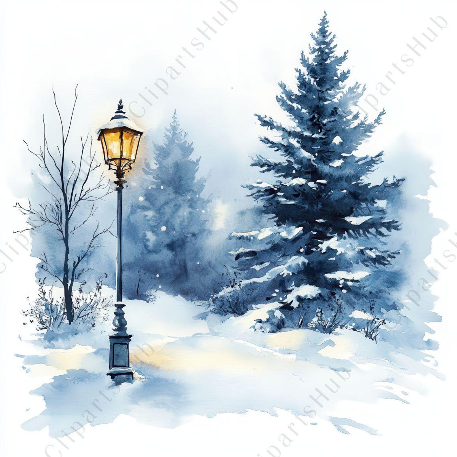 19 Winter Forest Lamp Post Clipart, Watercolor Snowy Landscape, Cozy ...