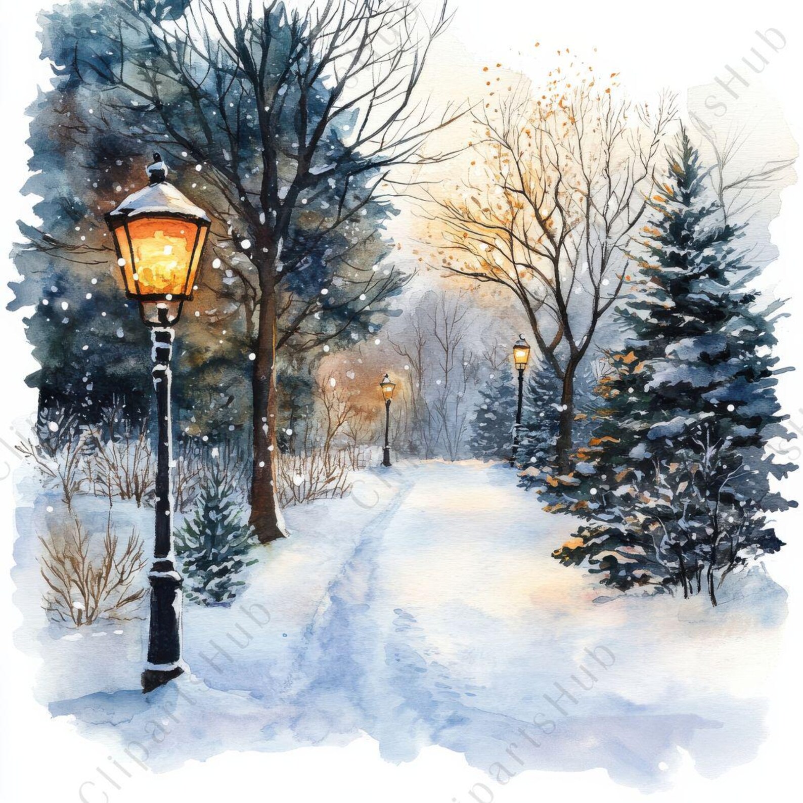 19 Winter Forest Lamp Post Clipart, Watercolor Snowy Landscape, Cozy ...