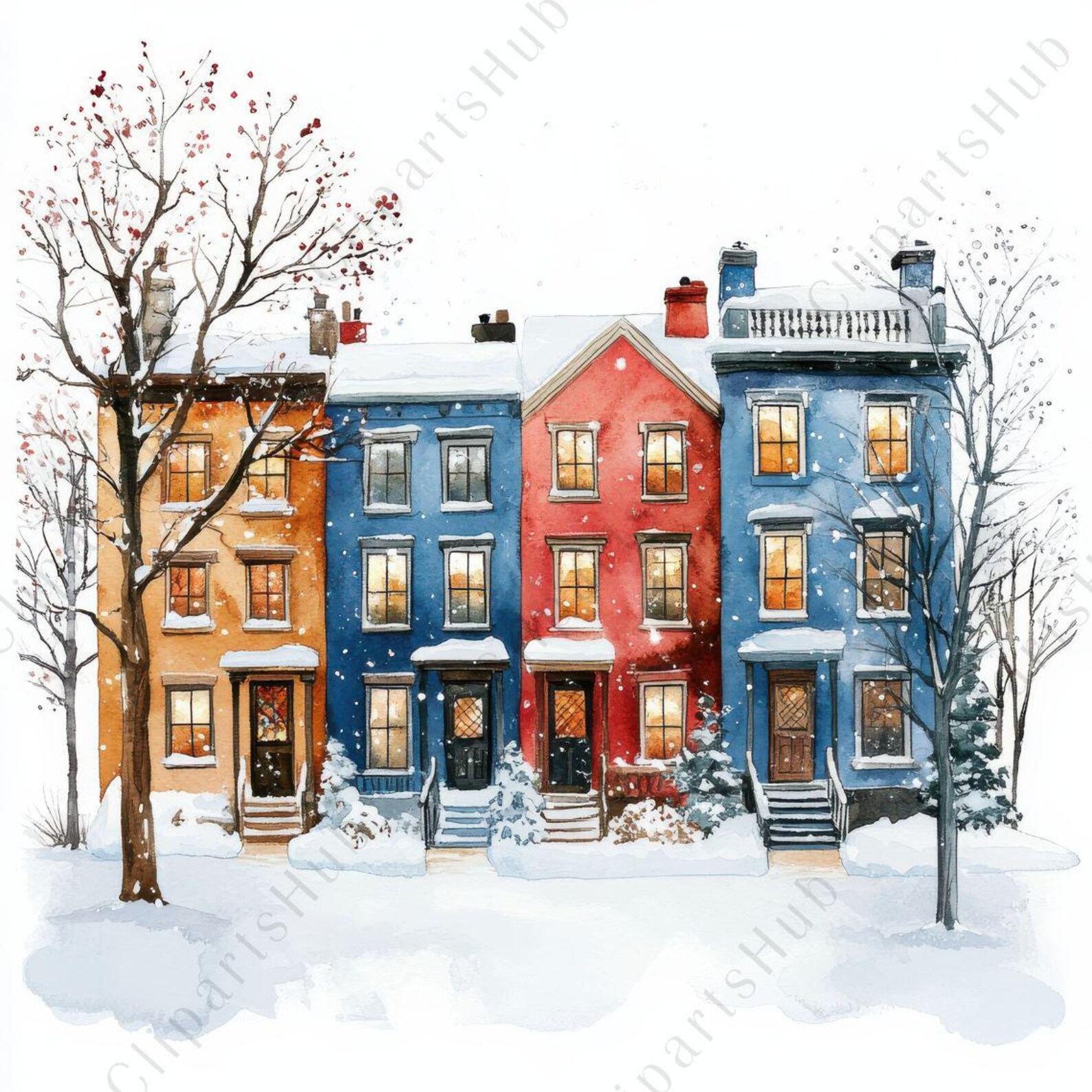 19 Watercolor Winter Village Clipart, Snowy Street Houses JPG, Winter ...