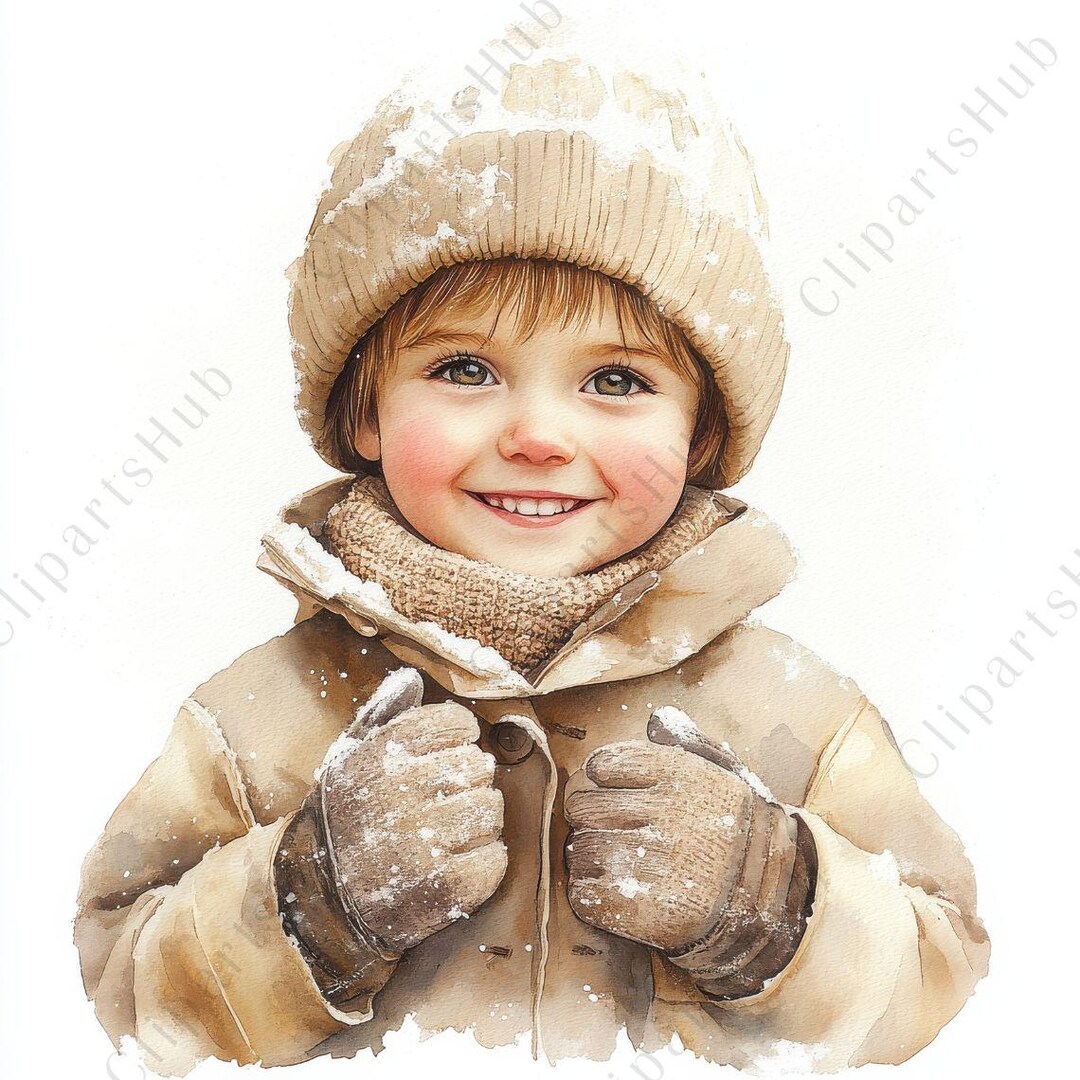 20 Winter Kids Clipart, Cozy Child Art, Watercolor Snow Portraits, Cute ...
