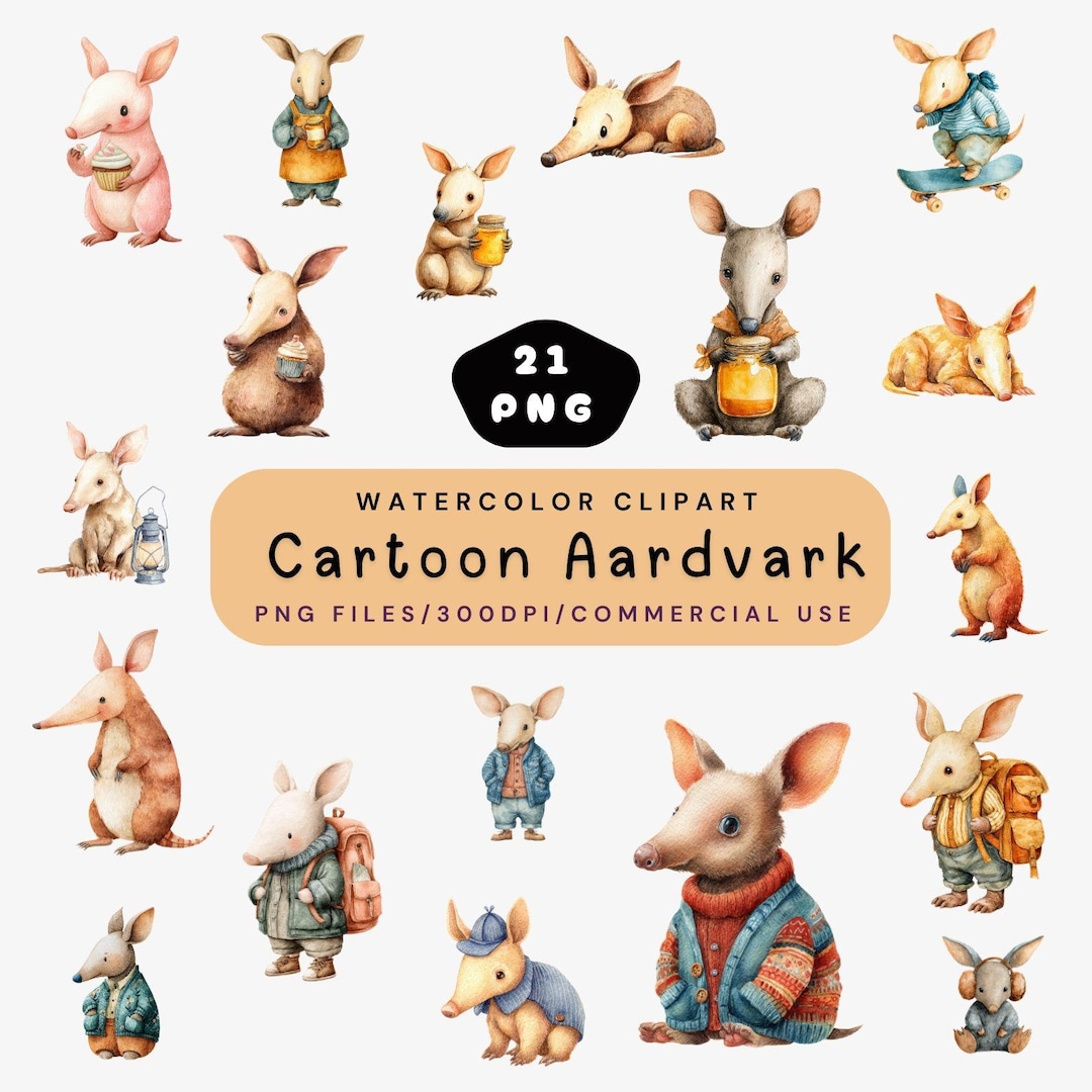 Cartoon Aardvark Clipart, Cute Aardvark PNG Bundle, Kawaii Safari ...