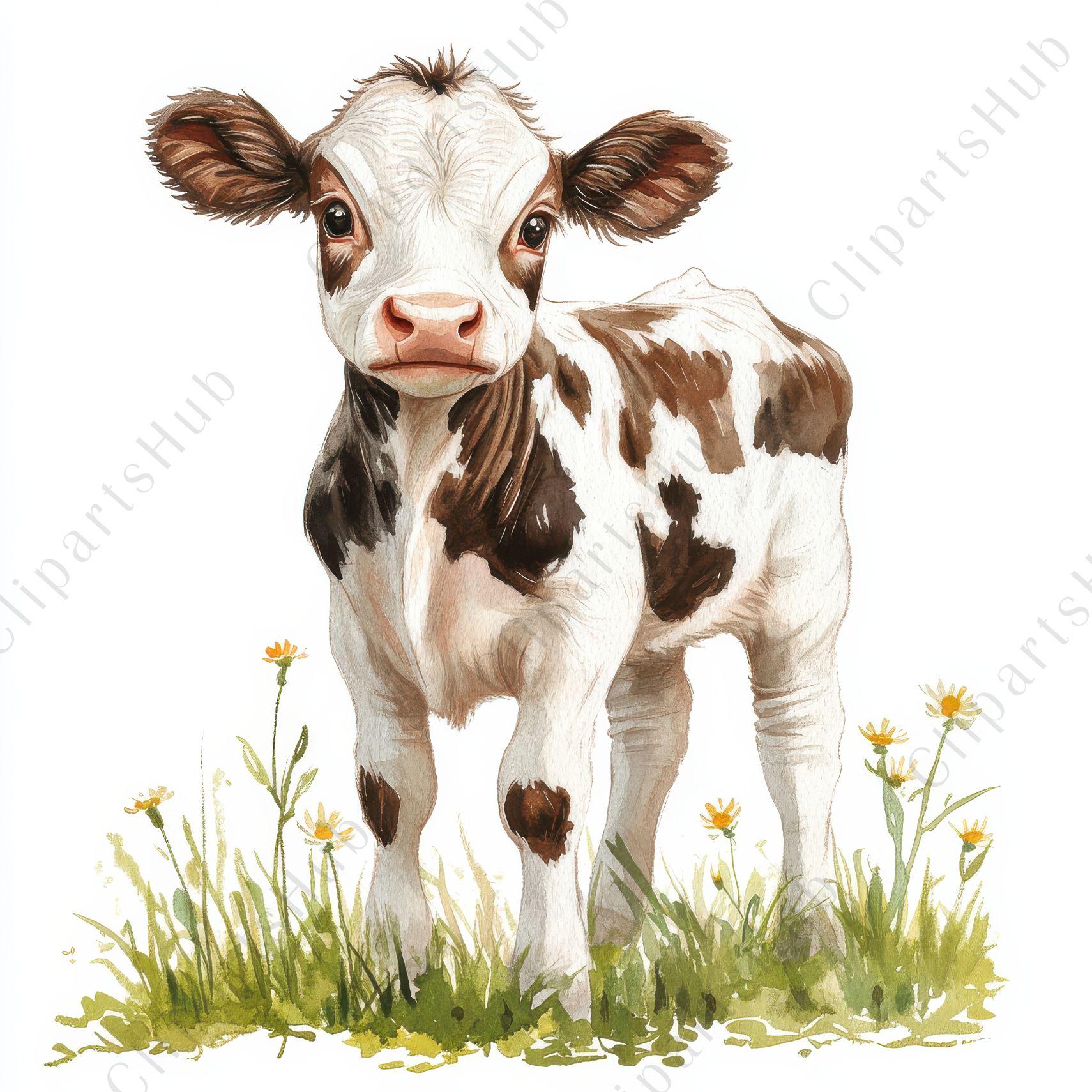 23 Watercolor Baby Cow Clipart, Farm Animal Calf, Rustic Country Art ...