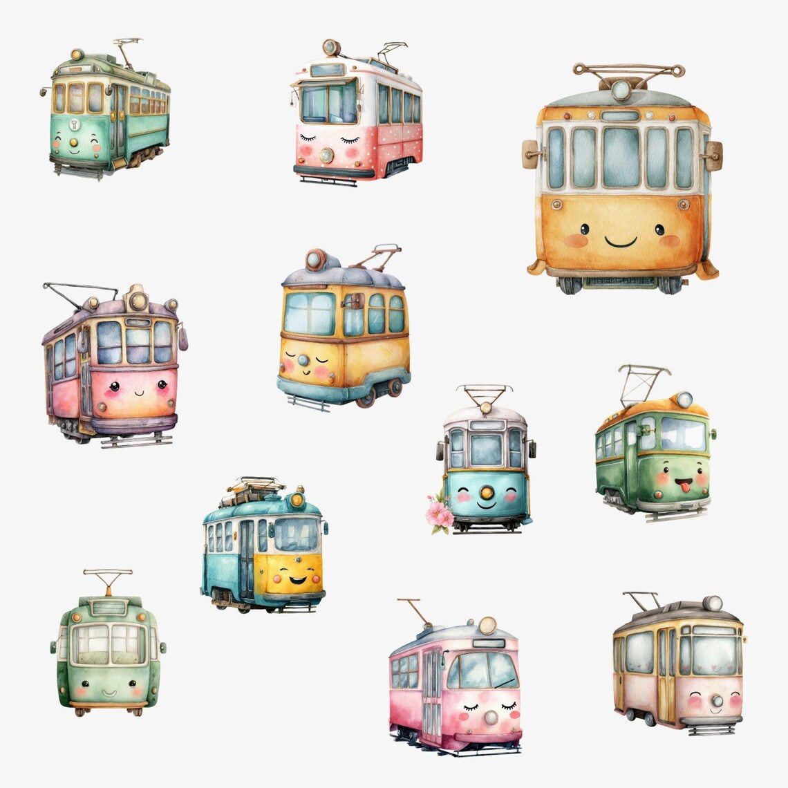 Cartoon Tram Clipart, Cute Tram PNG Bundle, Kawaii Transport ...