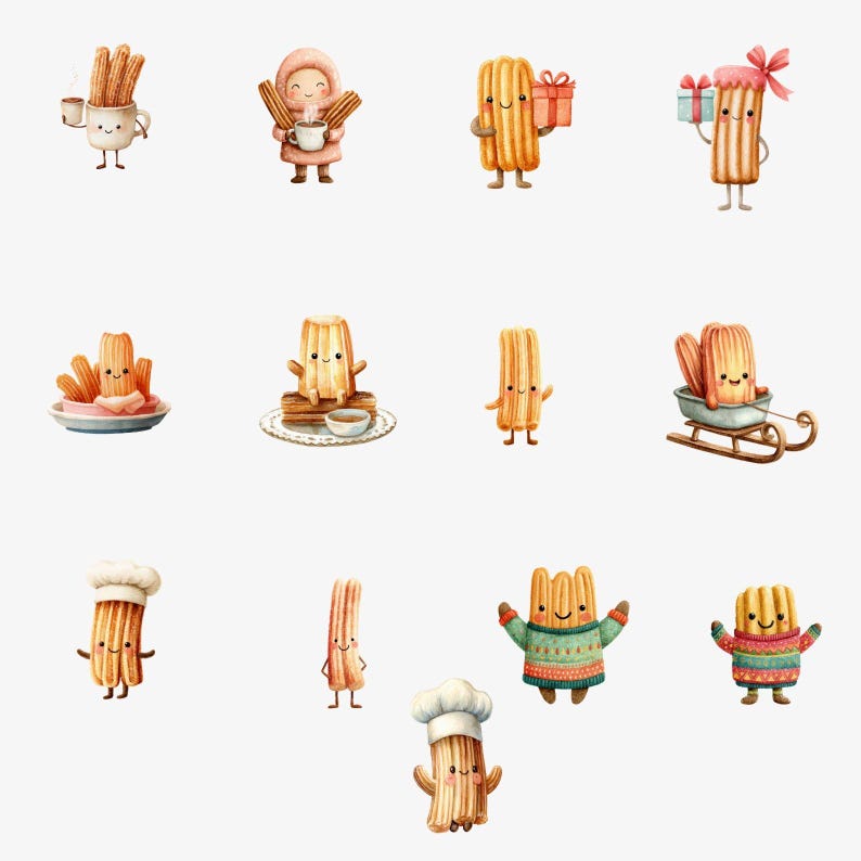 Cartoon Churro Clipart, Cute Dessert PNG Bundle, Sweet Pastry , Kawaii ...