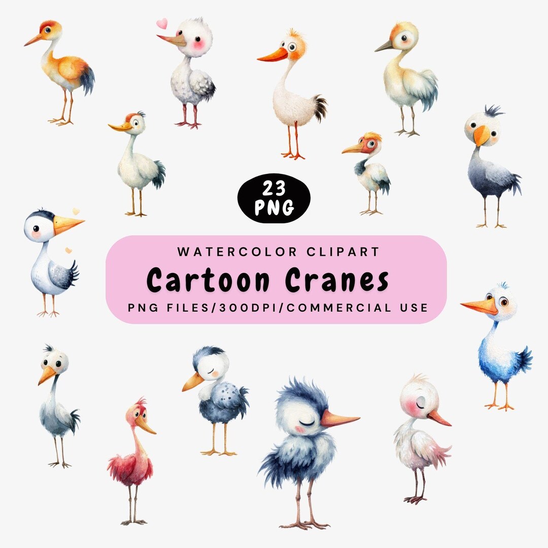 Cartoon Cranes Bird Clipart, Crane PNG Bundle, Cute Water Bird ...